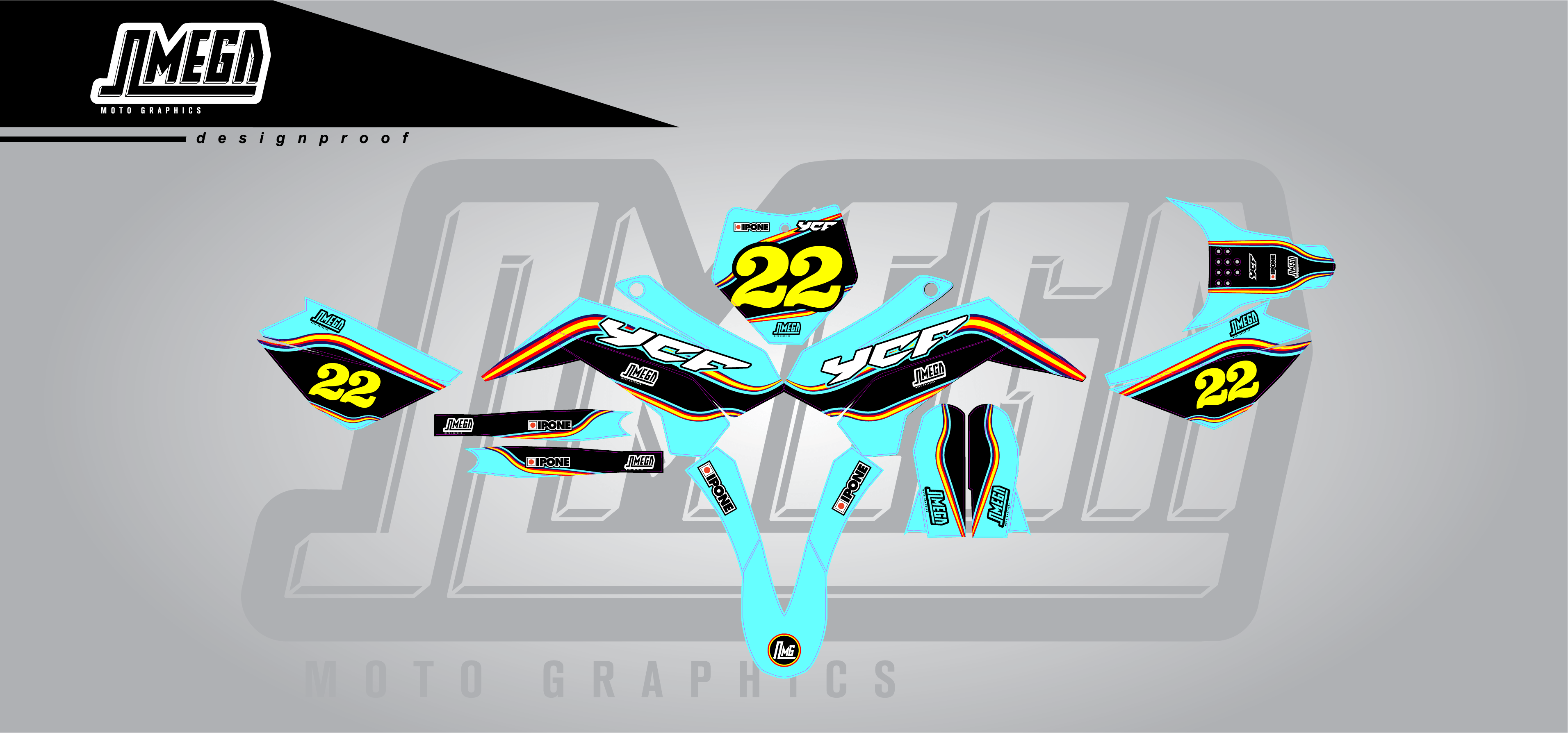 YCF Blue Retro graphics kit | Omega Moto Graphics