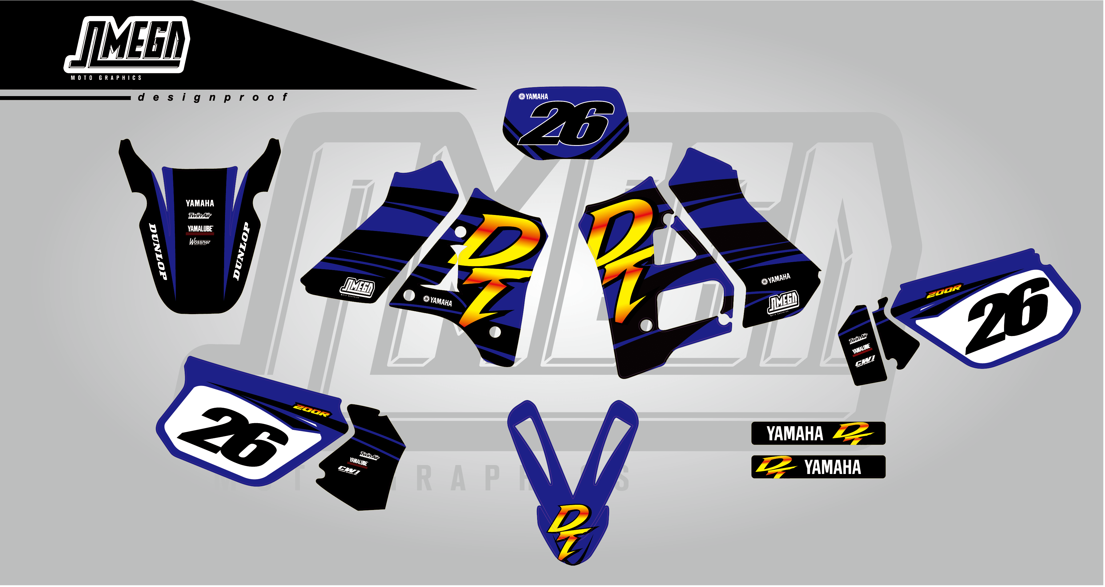 Yamaha DT200R Graphics Kit (Blue - White - Black) – Omega Moto Graphics