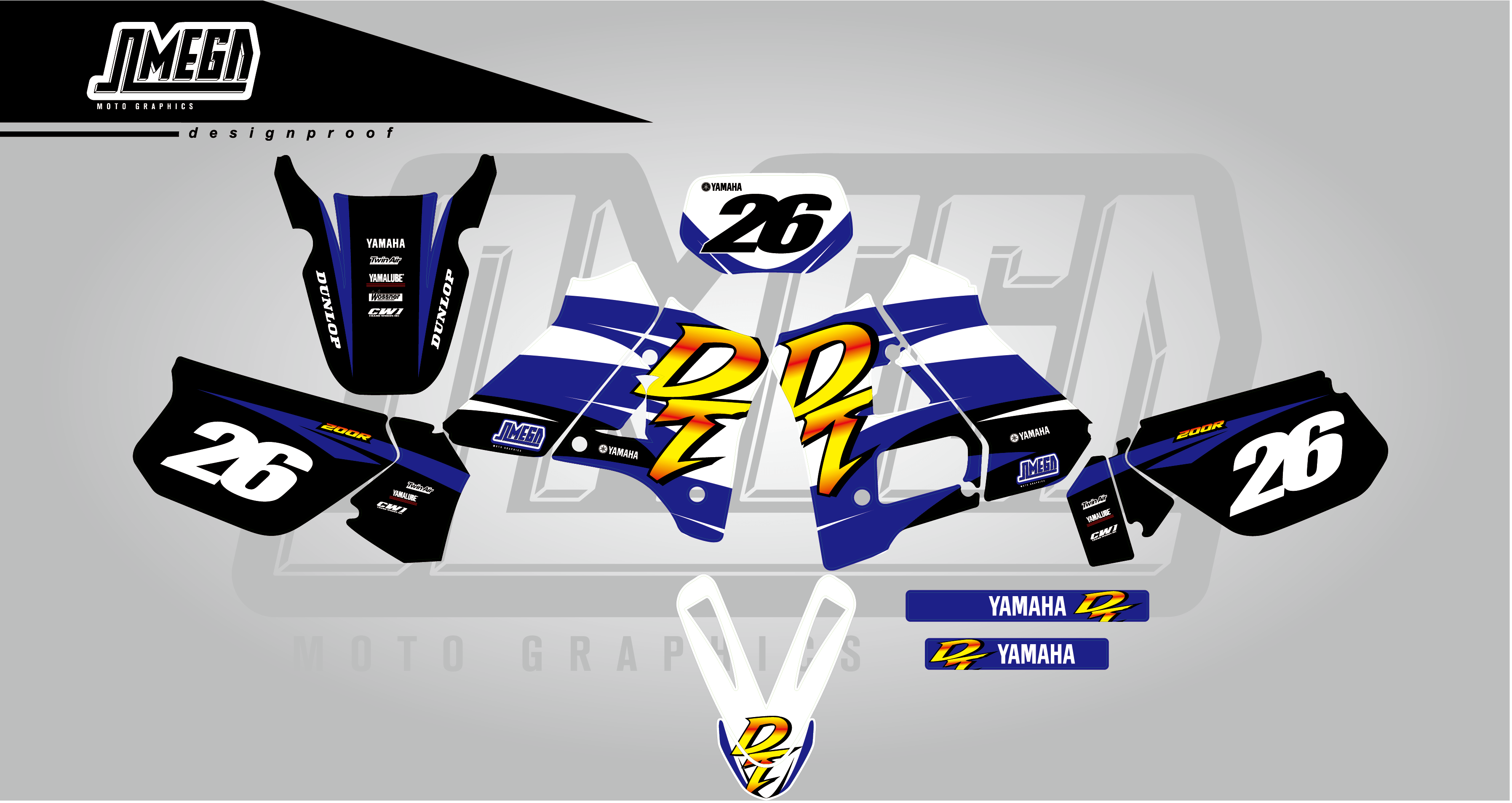 Yamaha DT200R Graphics Kit (White - Blue - Black) – Omega Moto Graphics
